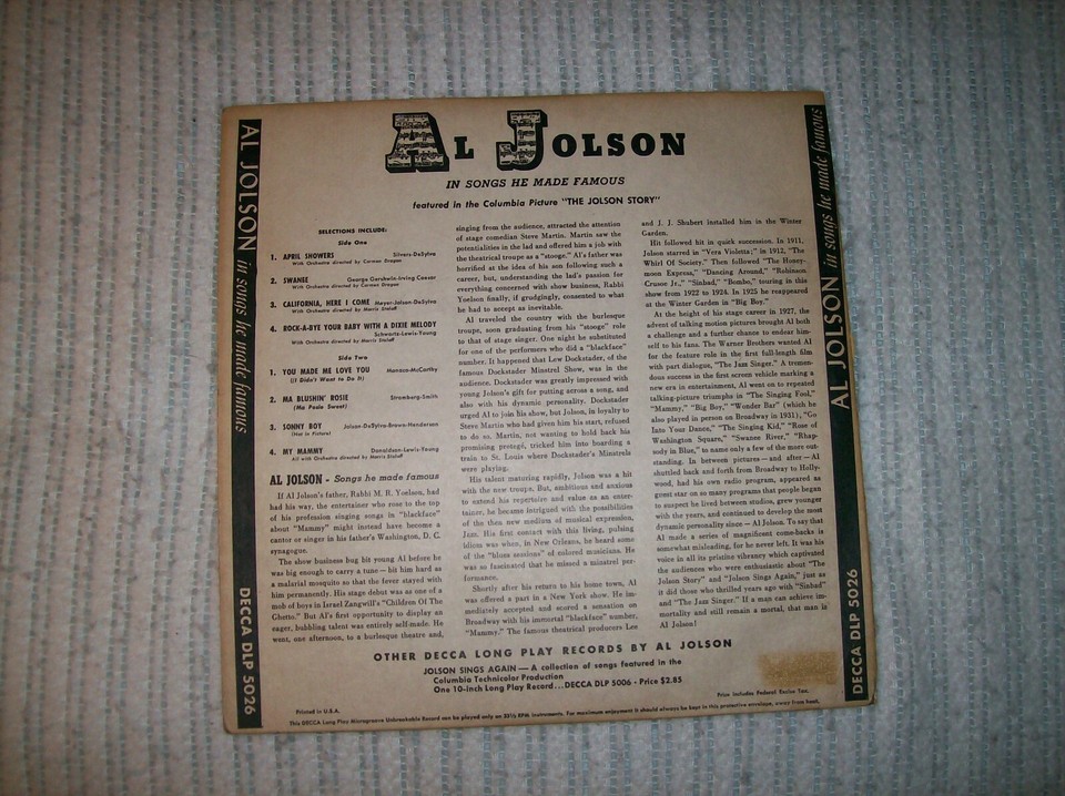 Al Jolson 10" LP, In Songs He Made Famous, Decca DLP 5026, ORIGINAL ...