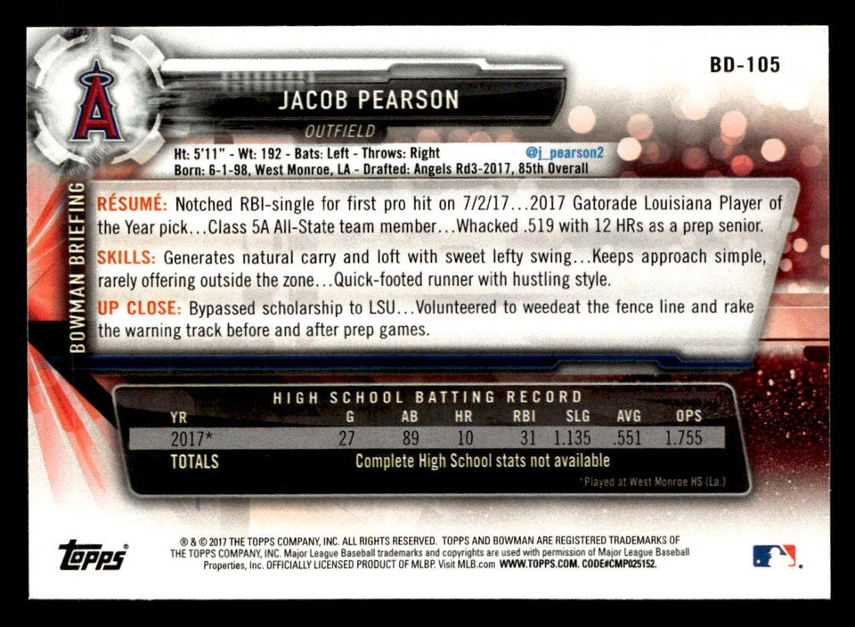 2017 Bowman Draft #BD-105 Jacob Pearson Card Los Angeles Angels | eBay