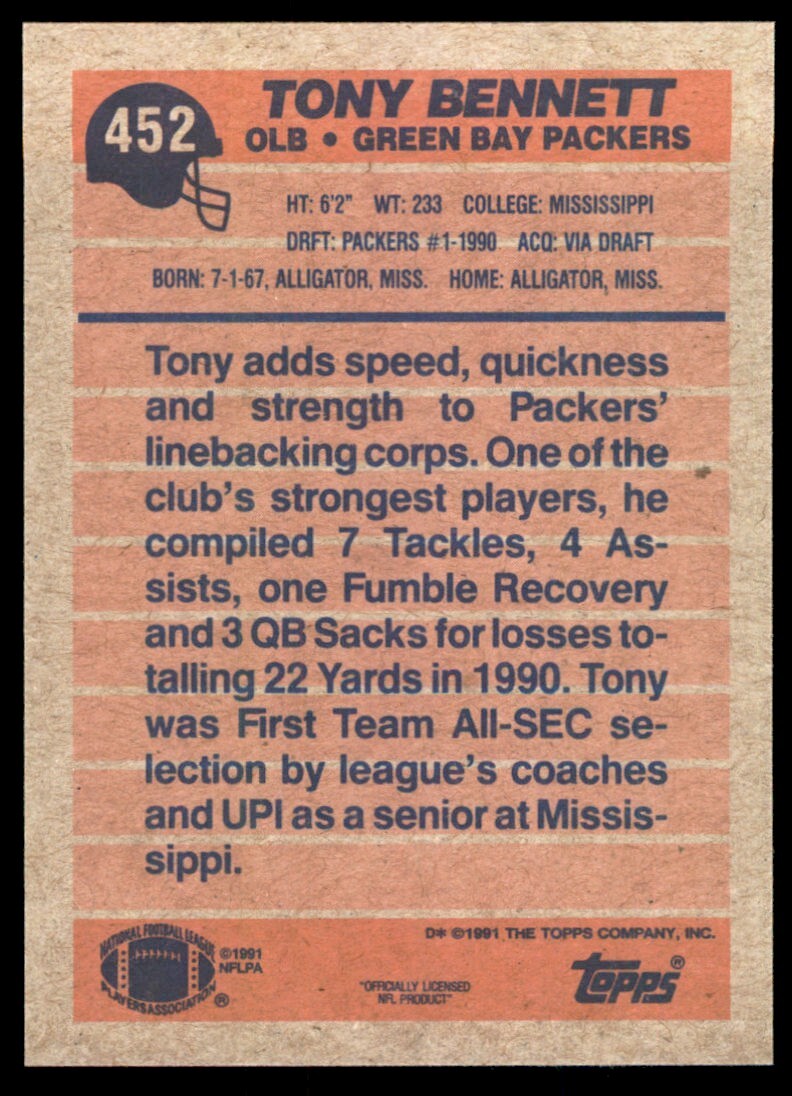 1991 Topps Tony Bennett Green Bay Packers #452 | eBay