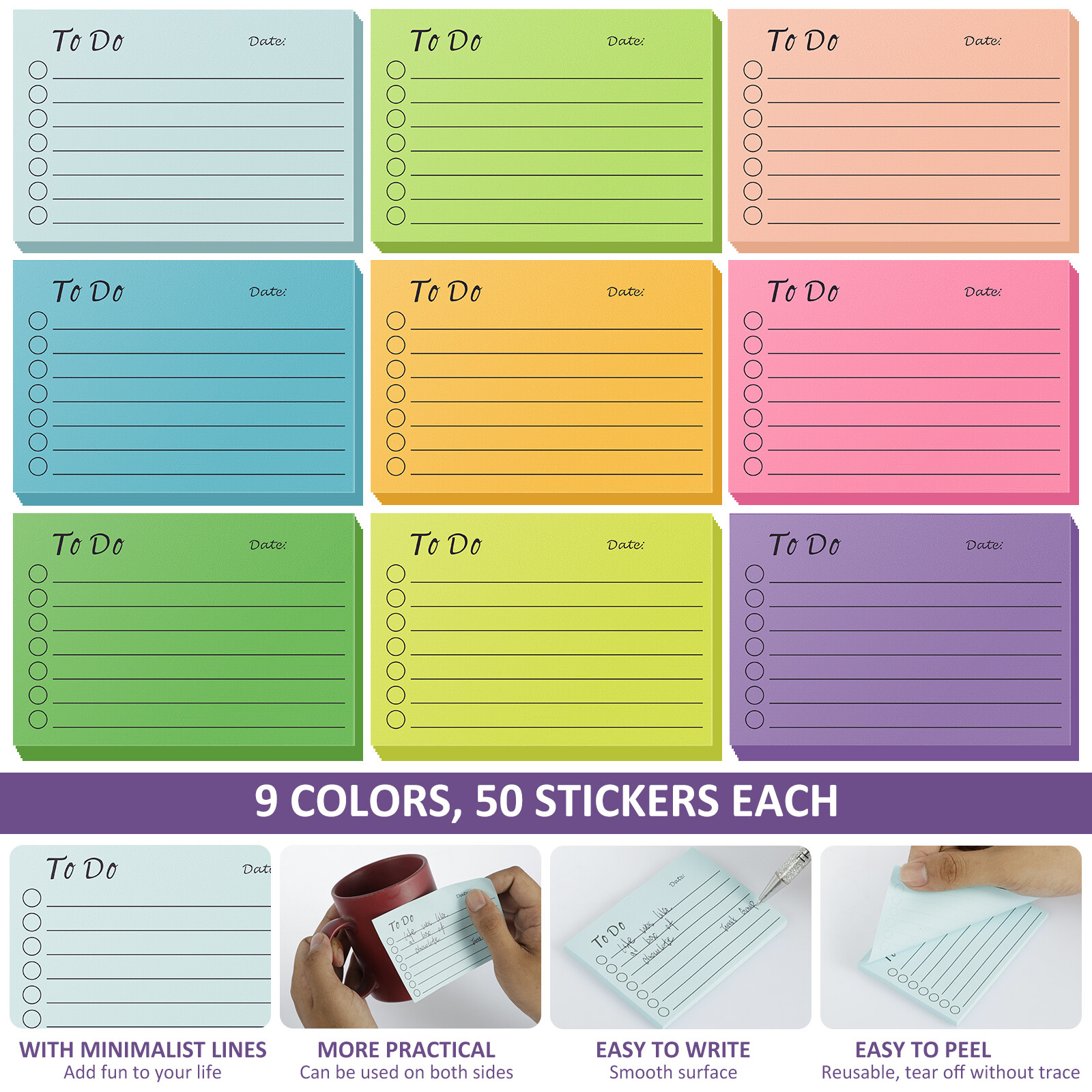 9Pcs To Do List Sticky Notes 450 Sheets Self-Stick Notes Pad Reusable ...