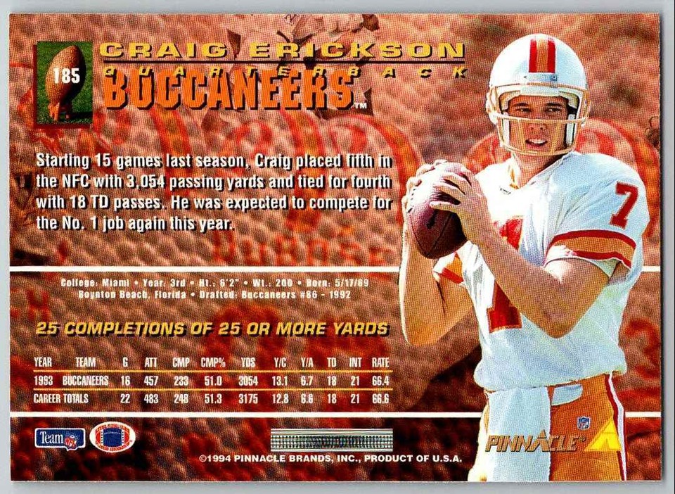 1994 Pinnacle Craig Erickson #185 Tampa Bay Buccaneers | eBay