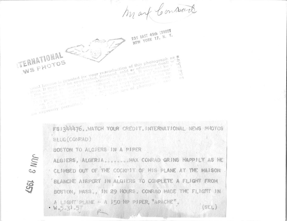 1957 Pilot Max Conrad and Piper Apache airplane Algiers 7x9 Press Photo ...
