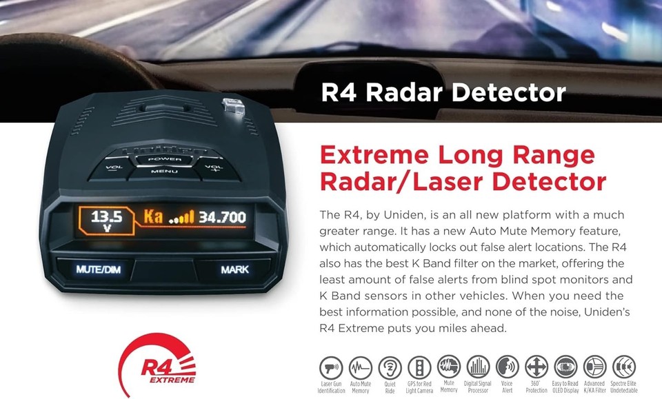 UNIDEN R4 Extreme Long-Range Laser/Radar Detector + GPS Red Light ...