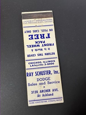 Vintage Illinois Matchbook “RAY SCHUSTER DODGE CAR SALES” Chicago | eBay