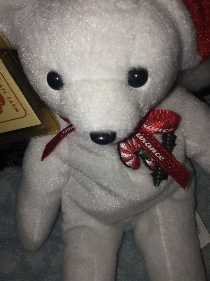 STATE FARM INSURANCE White Bean Bag Plush 9" CHRISTMAS Bear w/ Tag New ...
