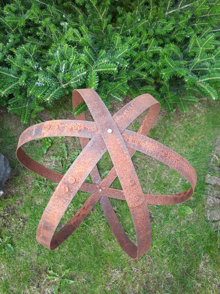 Garden Metal Sphere Sculpture Reclaimed Rusty Whisky Barrel hoop ring ...