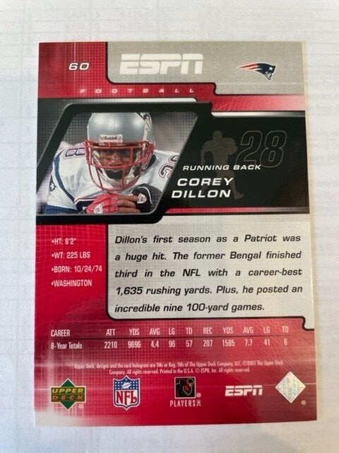 2005 Upper Deck ESPN #60 Corey Dillon New England Patriots MINT FREE ...