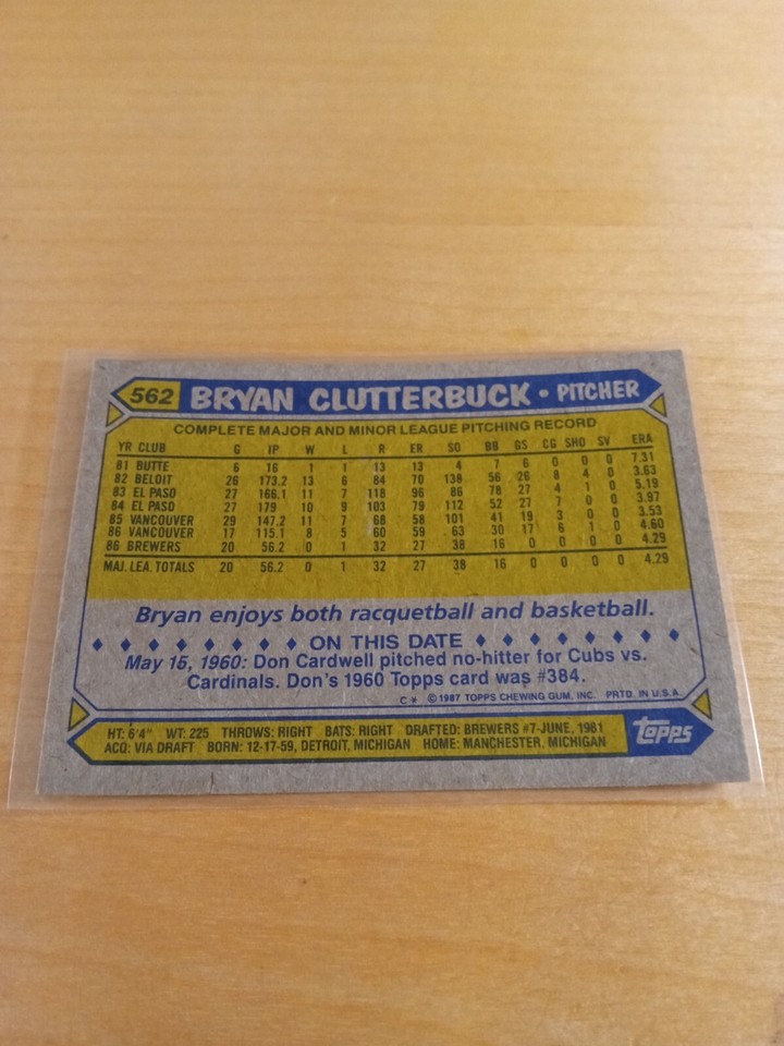 1987 Topps #562 BRYAN CLUTTERBUCK Milwaukee Brewers Baseball Card ...