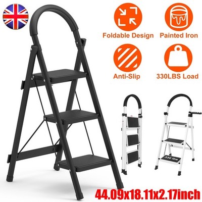 3 Step Premium Steel Step Ladder with Anti-Slip Feet, Small Folding ...