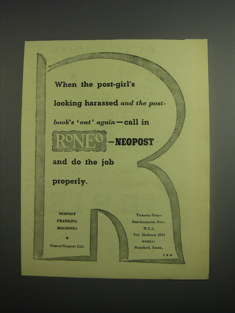 1948 Roneo Neopost Franking Machines Ad - When the post-girl's looking ...