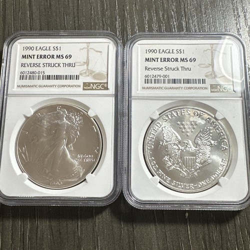 1990 $1 1-oz US Silver Eagle NGC MS69 Mint Error Reverse Strike Thru 2 ...