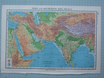 1943 MAP INDIA & SOUTH WEST ASIA PHYSICAL ARABIA PERSIA AFGHANISTAN ...