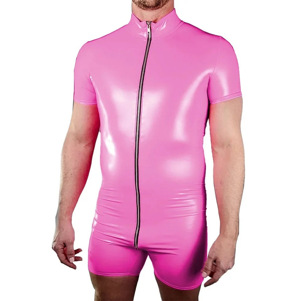 Mens Shiny PVC Playsuit Mock Neck Short Sleeve Rompers Open Crotch Club ...
