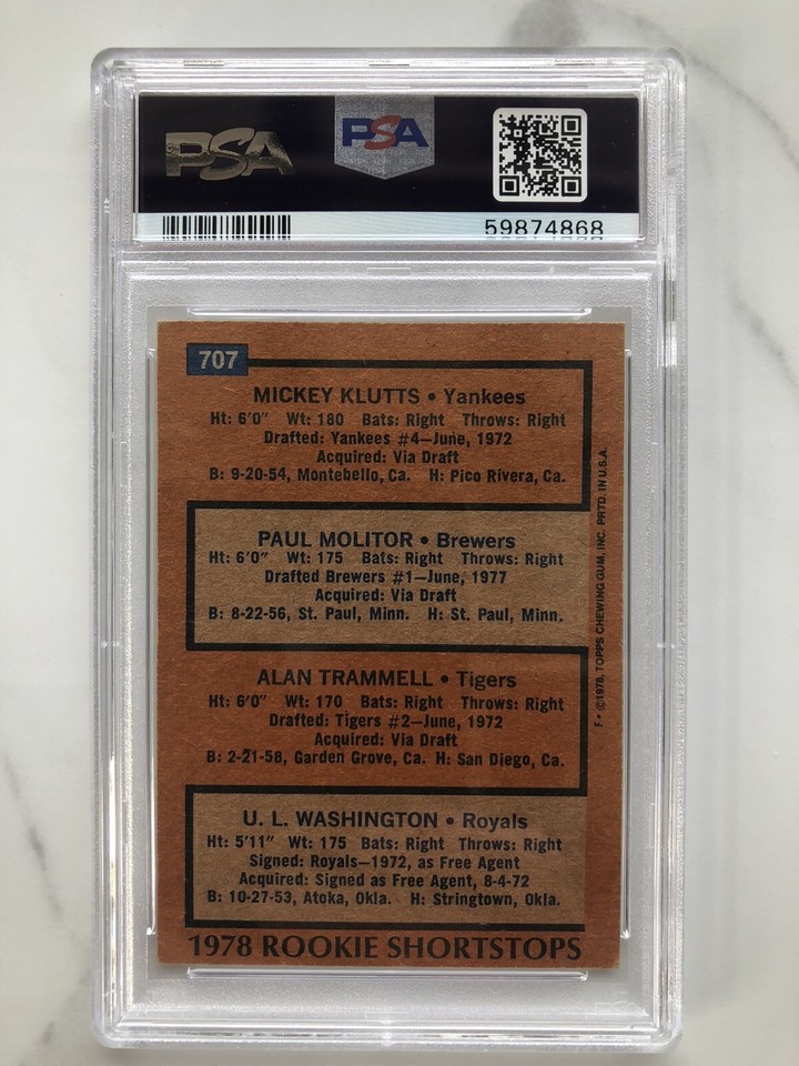 1978 Topps Paul Molitor Alan Trammell Klutts #707 Rookie Shortstops RC ...