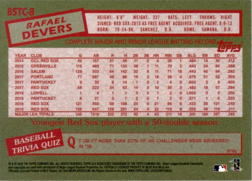 2020 TOPPS CHROME 1985 BASEBALL RAFAEL DEVERS BOSTON RED SOX #85TC-8 NM ...