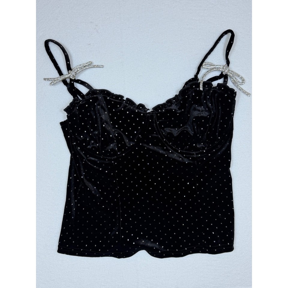 Lulus Black Velvet Rhinestone Bow Bustier Top Sparkle Polka Dot Corset ...