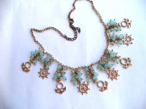 Aqua Bead Nautical Necklace With Anchor and Ship Wheel Charms | eBay