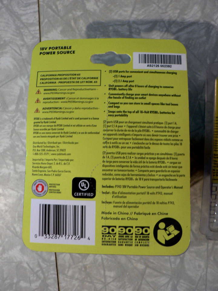 NEW Ryobi P743 18V Portable Power Source and PBP003 2Ah Lithium-Ion ...