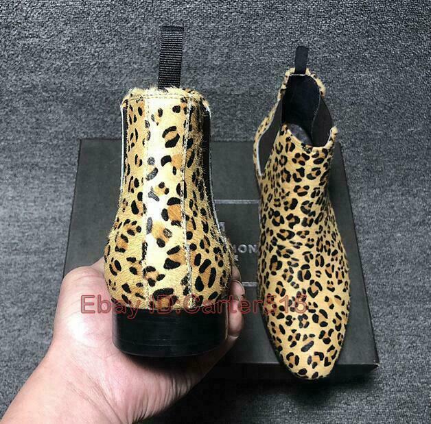 Men's Leather Leopard Print Pull On Nightclub Chelsea Ankle Boot Casual ...