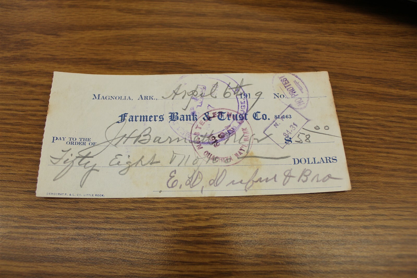 BANK CHECK FARMERS BANK & TRUST CO MAGNOLIA ARKANSAS 1919 NO PROTEST ...
