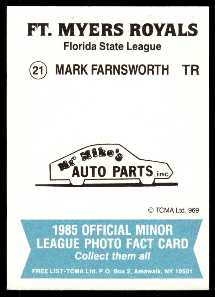 1985 TCMA Ft. Myers Royals Mark Farnsworth Fort Myers Royals #21 | eBay