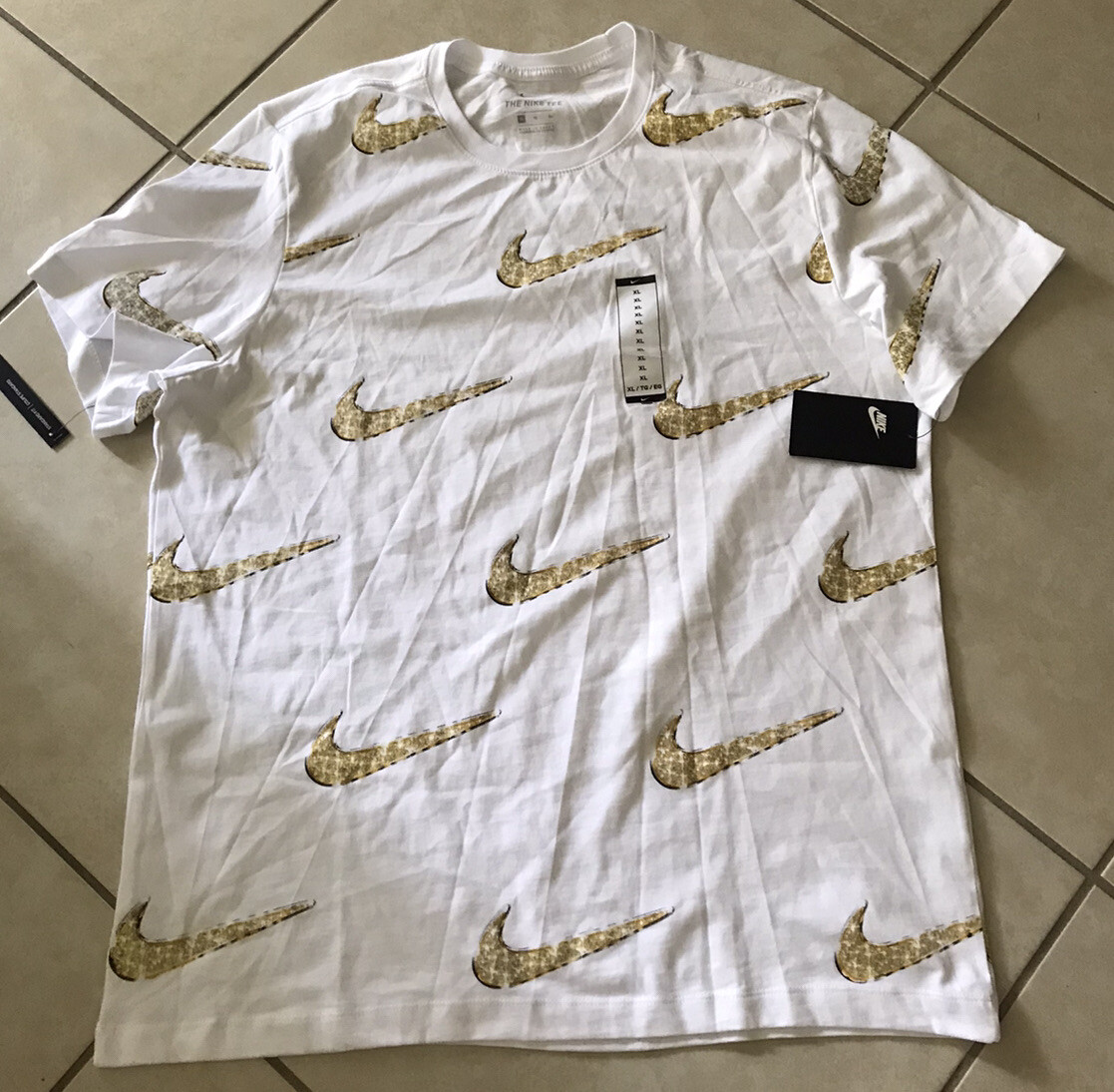 Nike All Over Print Logos T Shirt Tee Mens XL White Gold Bling Diamonds ...