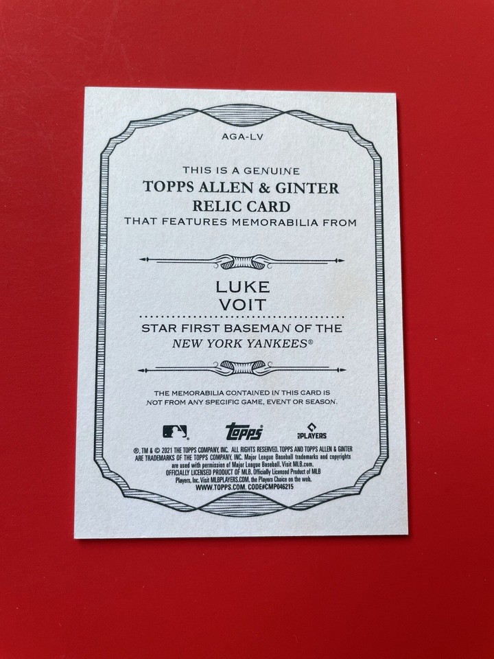 2021 Luke Voit Jersey Allen and Ginter New York Yankees Relic | eBay