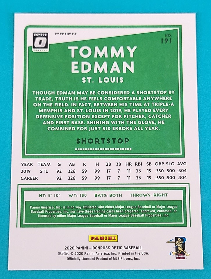 2020 Donruss Optic Holo #191 Tommy Edman St. Louis Cardinals BASEBALL ...