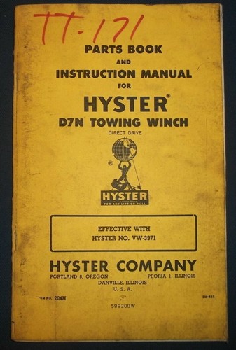 Hyster D7N Remorquage Winch Instructions & Pièces Livre Manuel S/N VW ...