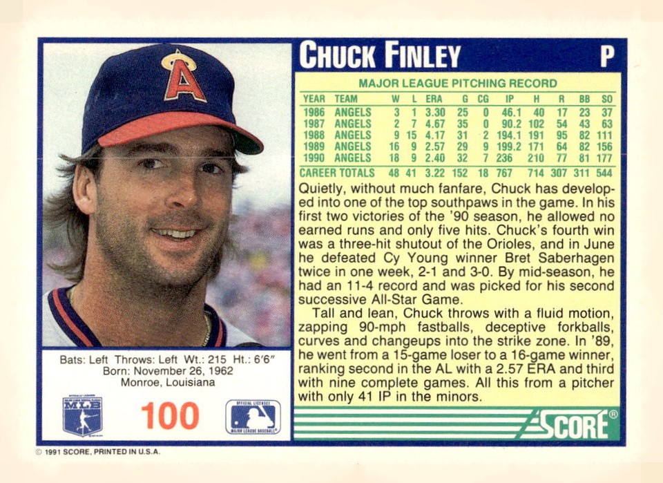 1991 Score #100 Chuck Finley | eBay