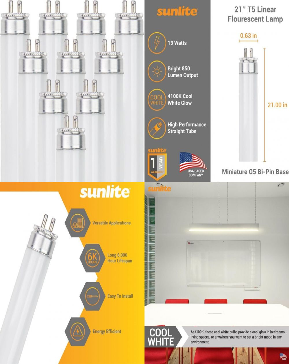 Sunlite 05070 F13T5/CW T5 Linear Fluorescent Lamp, 13 Watts, 850 Cool ...