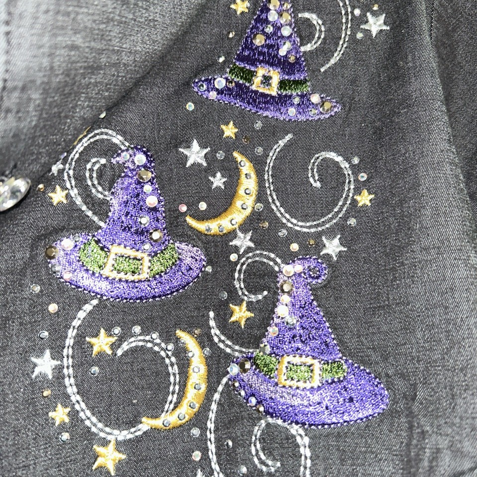 Quacker Factory Halloween Shirt S Witch Hat Denim Sparkle Button Up ...