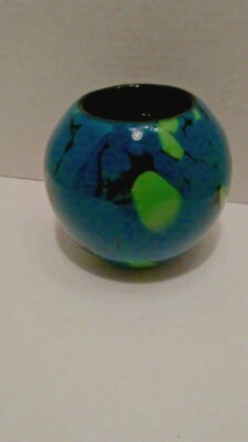 Art Glass HQT Handmade Blown Glass Blue, Green & Black Round Bowl Glass ...