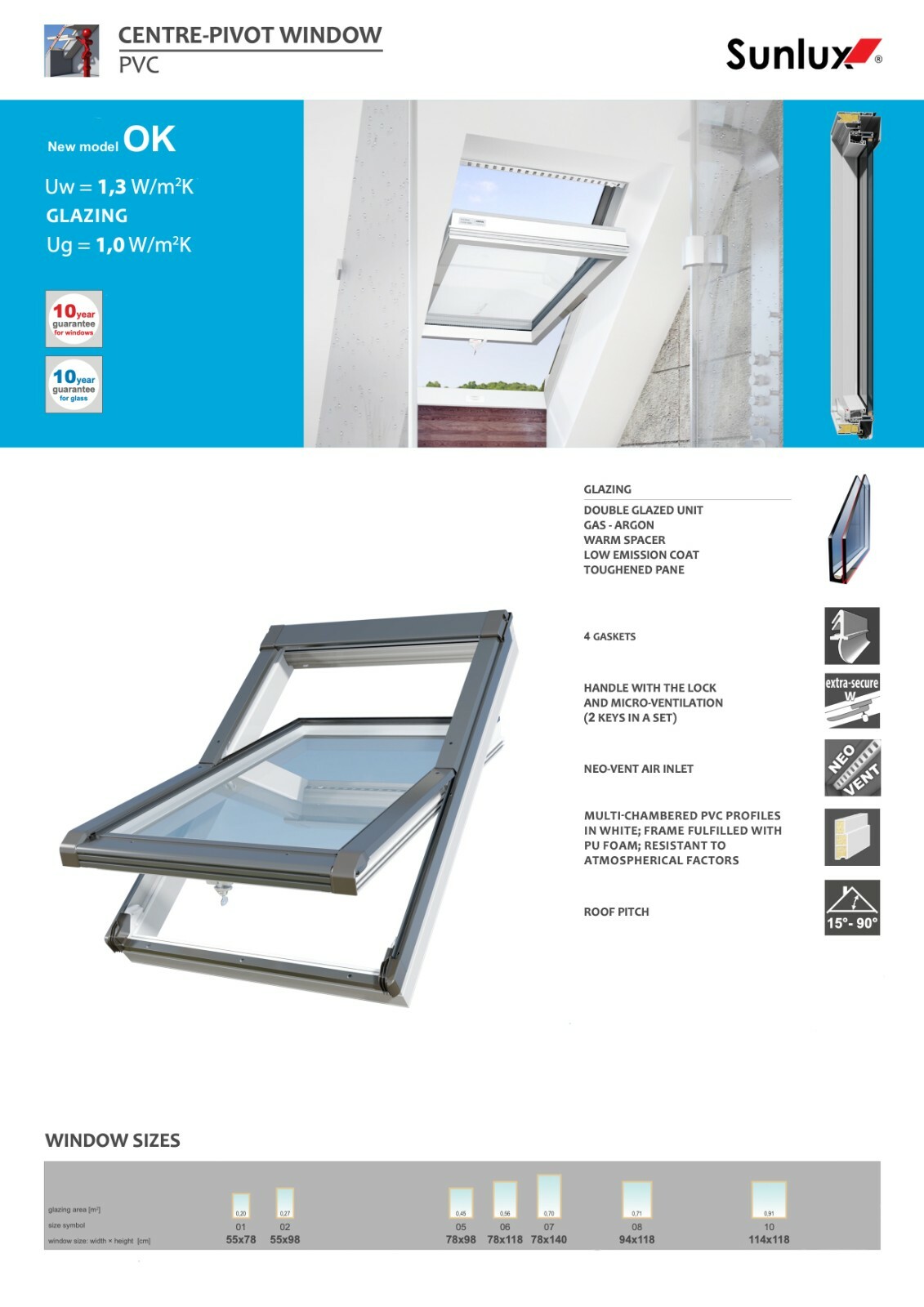 Centre Pivot White PVC Skylight Roof Window 78 x 118cm Flashing ...