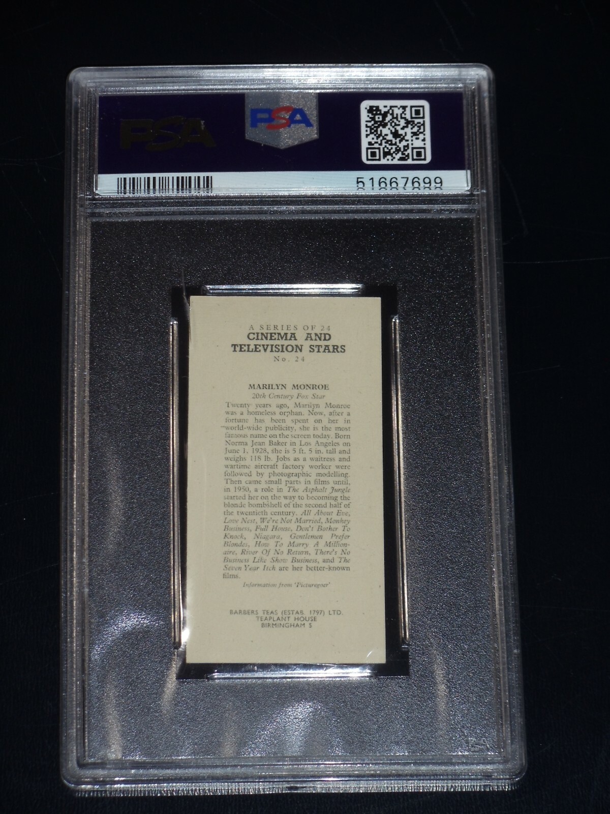 1955 Barbers Tea LTD Marilyn Monroe PSA 10 GEM MINT Cinema & TV Star ...