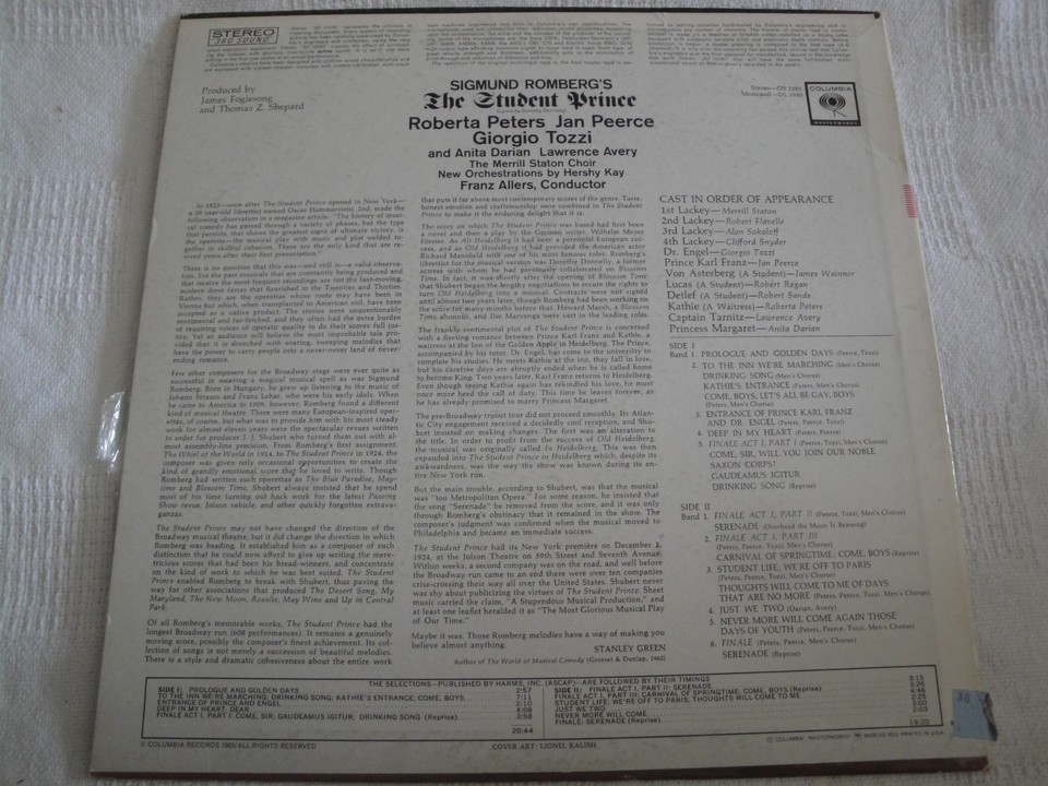 Sigmund Romberg's The Student Prince~Roberta Peters, Jan Peerce ...