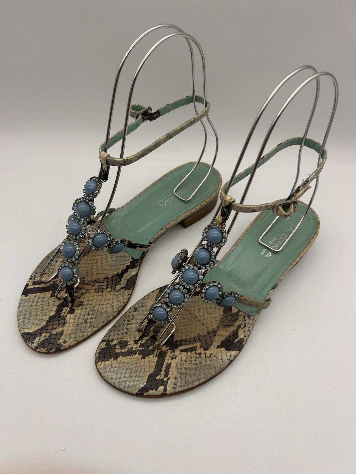 VIA SPIGA Italian Leather Sandals Sz 7.5 Snakeskin Turquoise Rhinestone ...