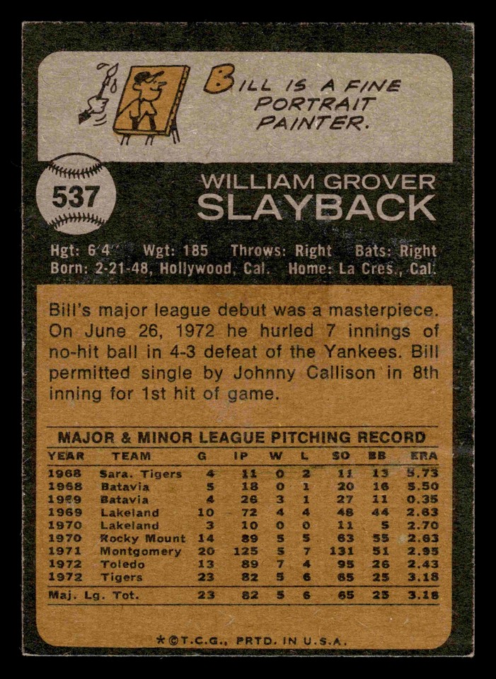 1973 Topps Bill Slayback #537 - Detroit Tigers (High Number) | eBay