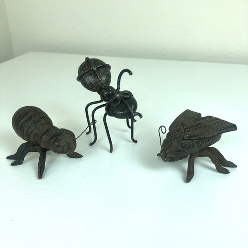Set of 3-- 2 Bugs Cast Iron / 1 Iron & Stone Figurines Garden Insects ...