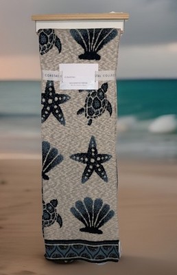 COASTAL COLLECTION BEIGE NAVY SEA TURTLE STARFISH TEXTURED KNIT THROW ...
