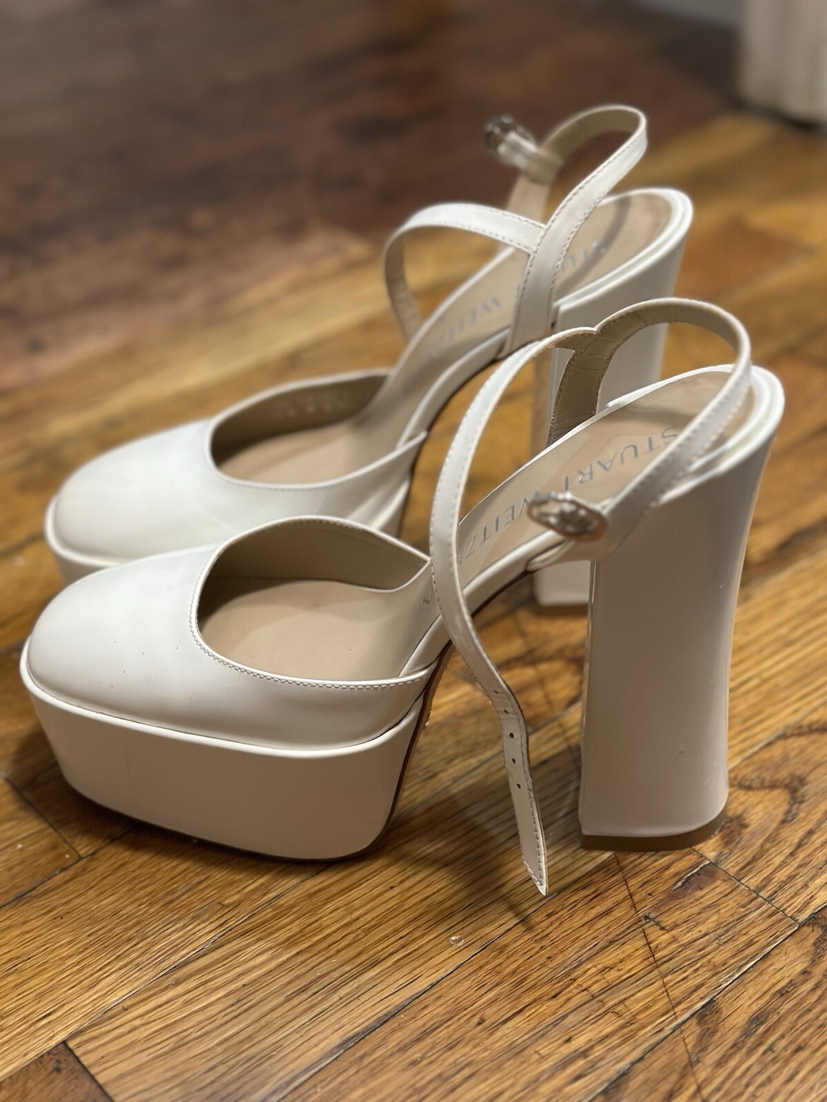 STUART WEITZMAN ‘Skyhi 145’ White Leather Platforms S… - Gem