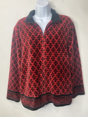 Talbots Womens Red Fleece Zip Front Cardigan Size L Geometric Fuzzy ...