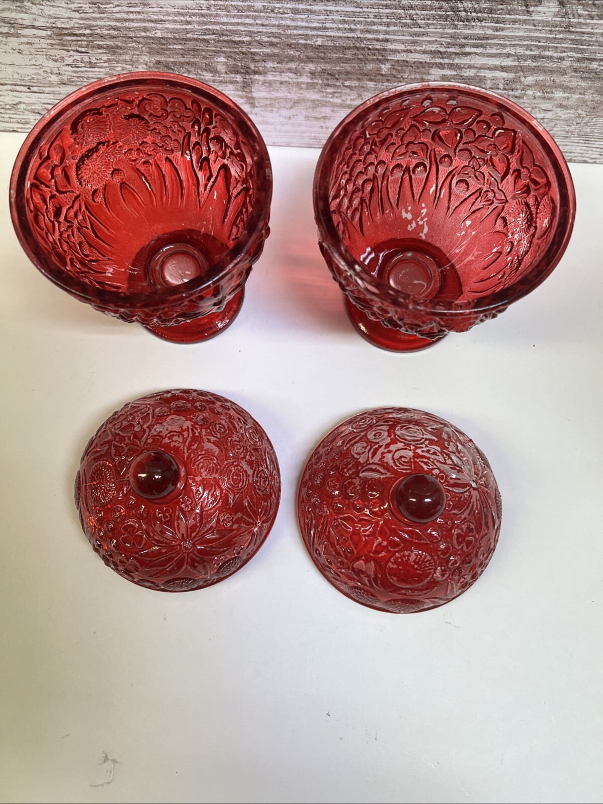 2 Avon Ruby Red Embossed Floral Trinket Dish Compote Lidded 5” *Read ...