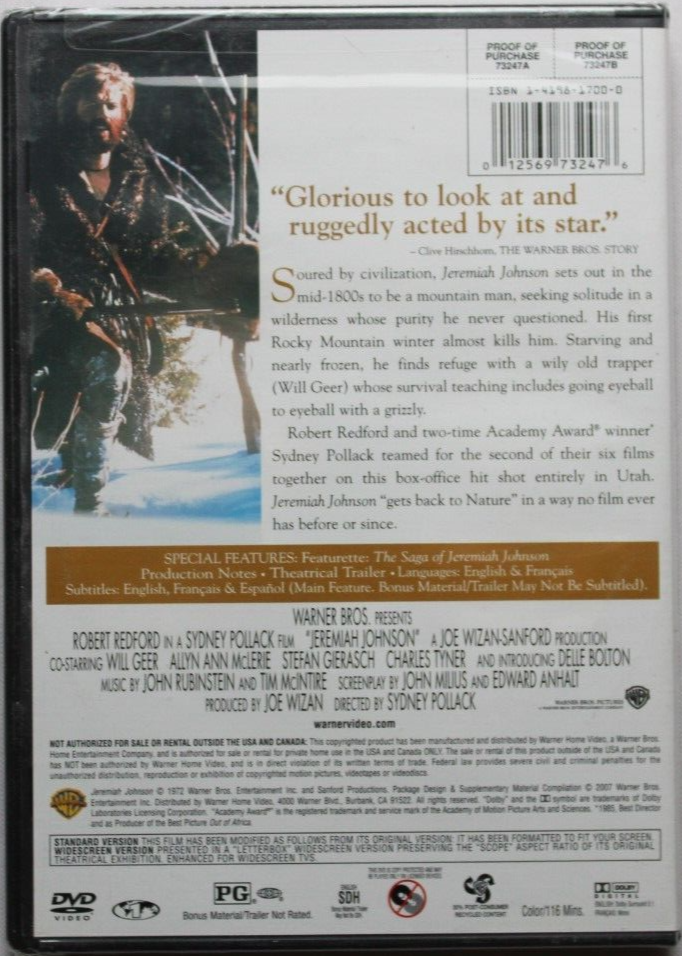 ROBERT REDFORD AS JEREMIAH JOHNSON [NEW DVD] SYDNEY POLLACK *BUY 2 GET ...