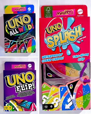 =Lot: 3 UNO Variety Card Packs= SPLASH, FLIP, ALL WILD Mattel Games | eBay