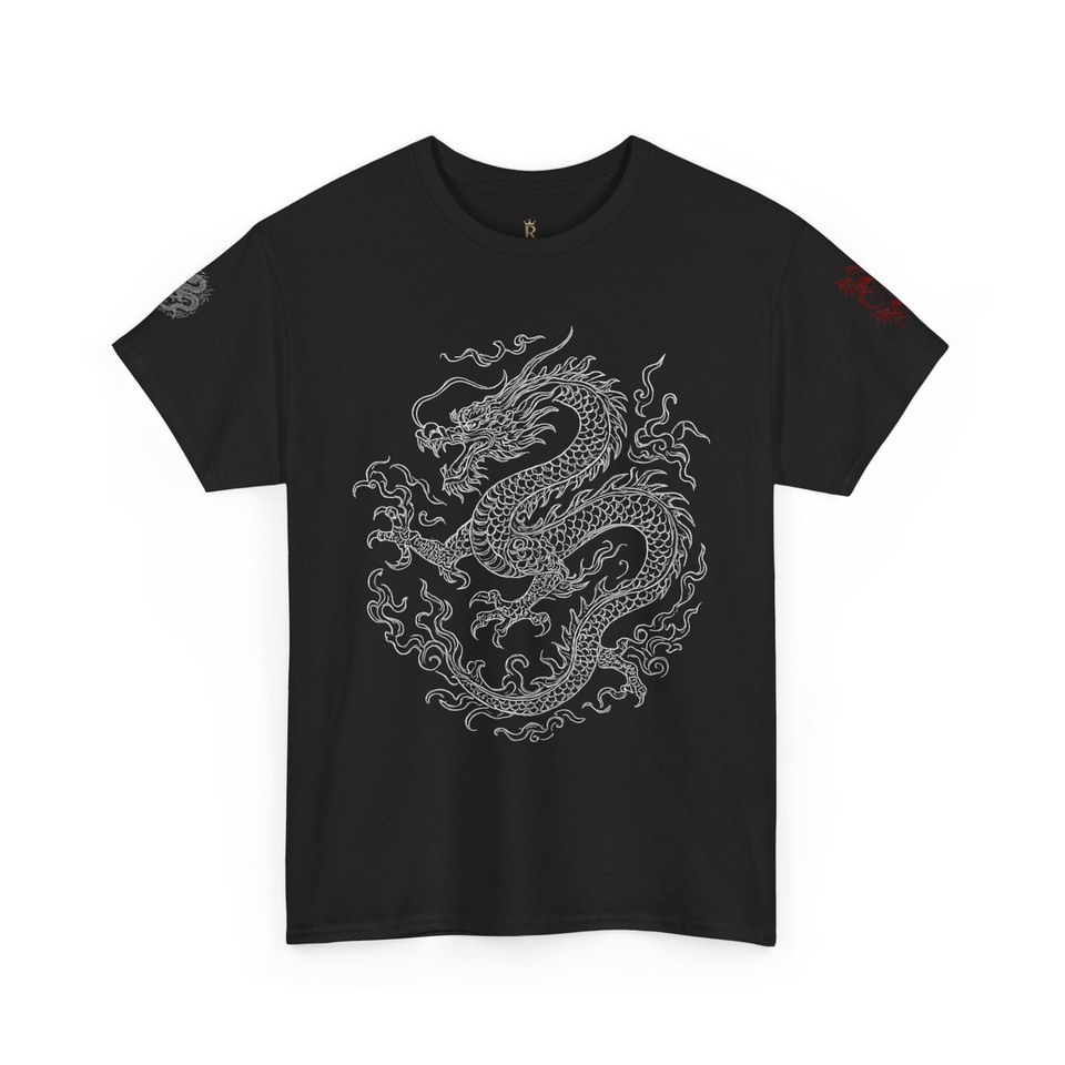 Dragon Graphic Tee — Asian-Style Silver Front Dragon & Red Back Dragons ...