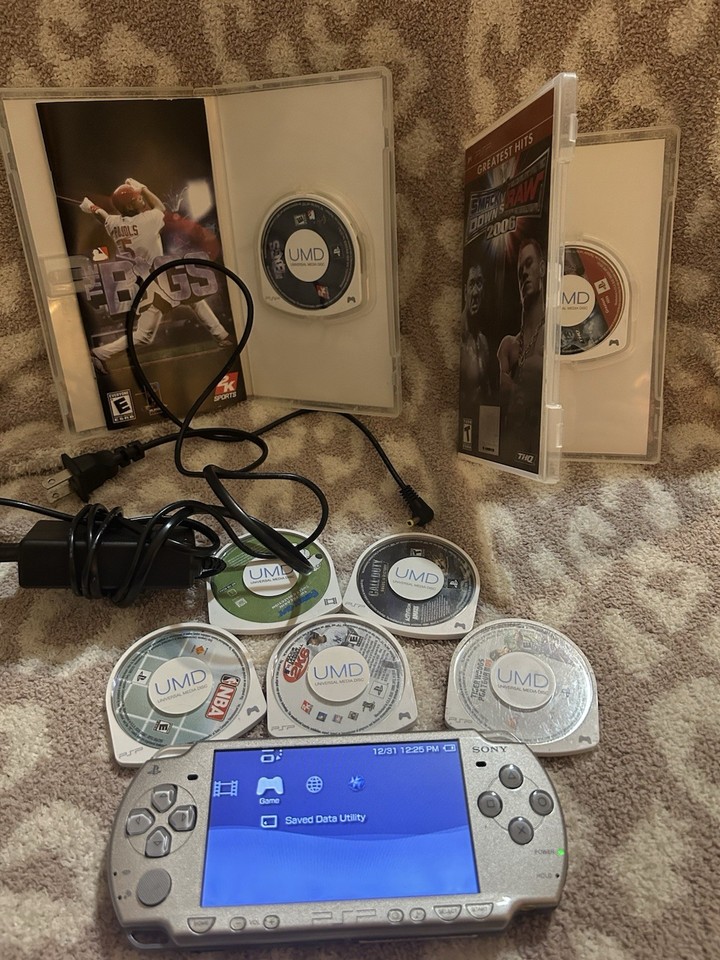 Sony PSP 2001 Silver, Games & Charger 6 Games And 1 Video Tested Works ...
