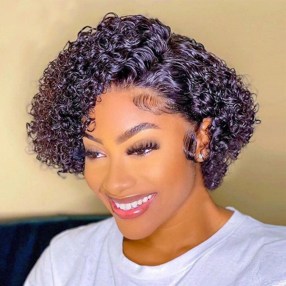 Short Pixie Cut Remy Human Hair Wigs Fashion Black Afro Curly Wave No ...