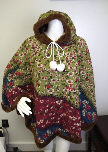 Vintage Poncho Cape Womens Floral Reversible boho Hippie Green M/L ...