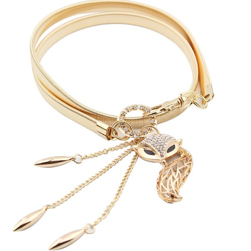 Cute Charming Women Little Fox Stretch Rhinestone Gold Waist Chain Belt ...